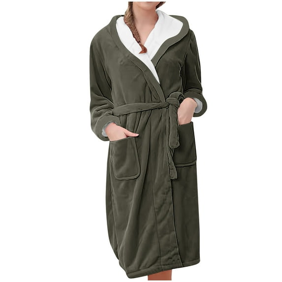 Fesfesfes Women Flannel Hooded Robe Long Pajamas Home Wear Cozy Fleece ...