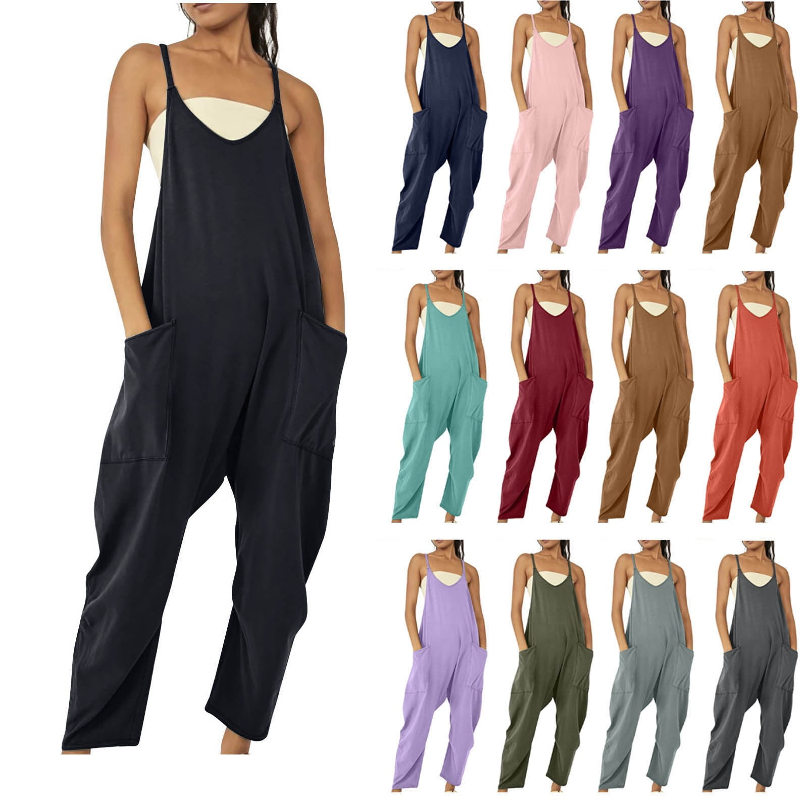 Fesfesfes Women Jumsuits Casual Loose Jumpsuit Solid Color Overalls ...