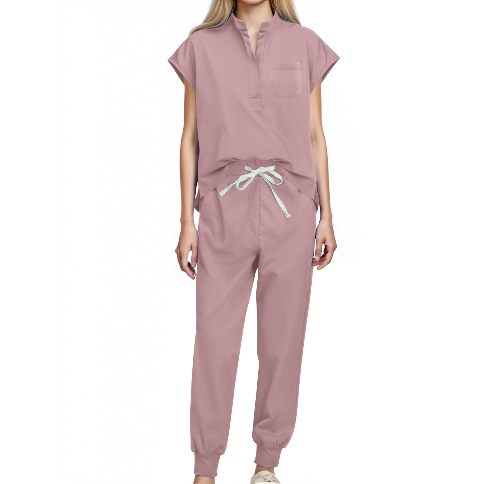 Fesfesfes Women Short Sleeve V Neck Pocket Top and Pants Set Solid ...
