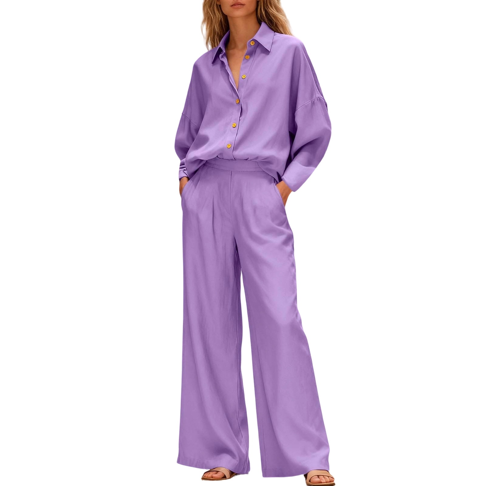 Fesfesfes Women Solid Color Two Piece Set Casual Long Sleeve V Neck Top ...