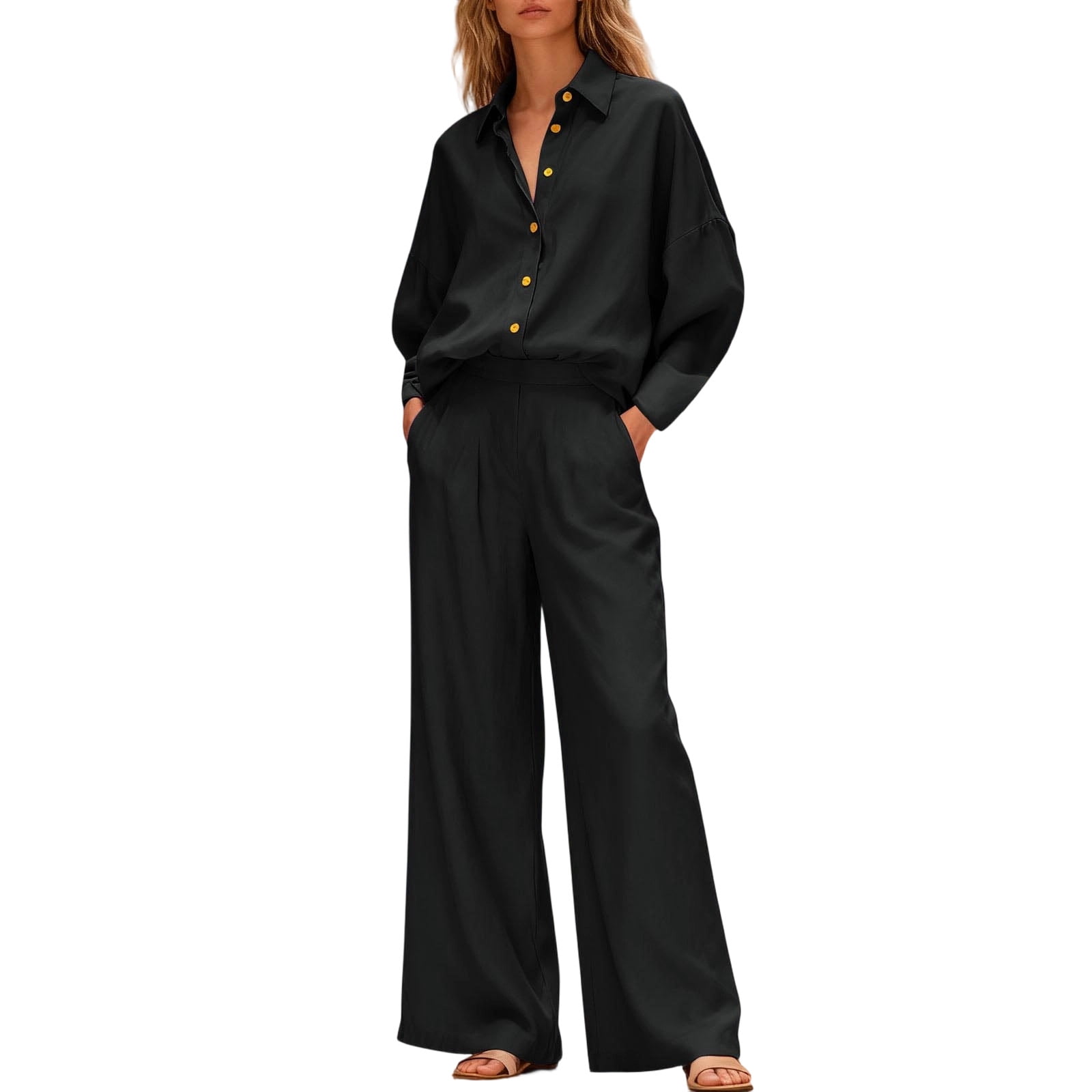 Fesfesfes Women Solid Color Two Piece Set Casual Long Sleeve V Neck Top ...