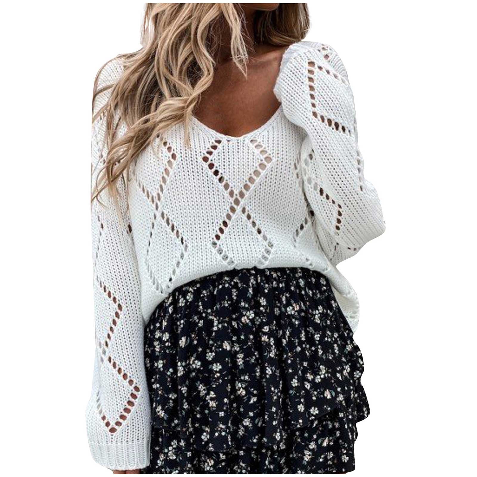 Fesfesfes Women Sweaters V-neck Solid Color Hollowing Out Sexy Long ...