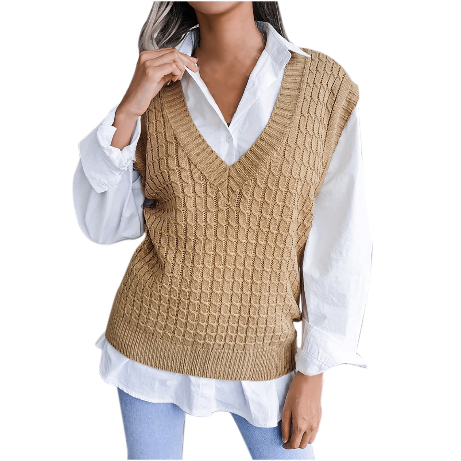 Fesfesfes Women Sweaters Vest Casual V-Neck Knitted Vest Ladies Solid ...