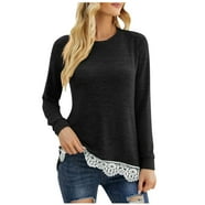 JWD Women's Tops Long Sleeve Lace Trim O-Neck A Line Tunic Blouse Black ...