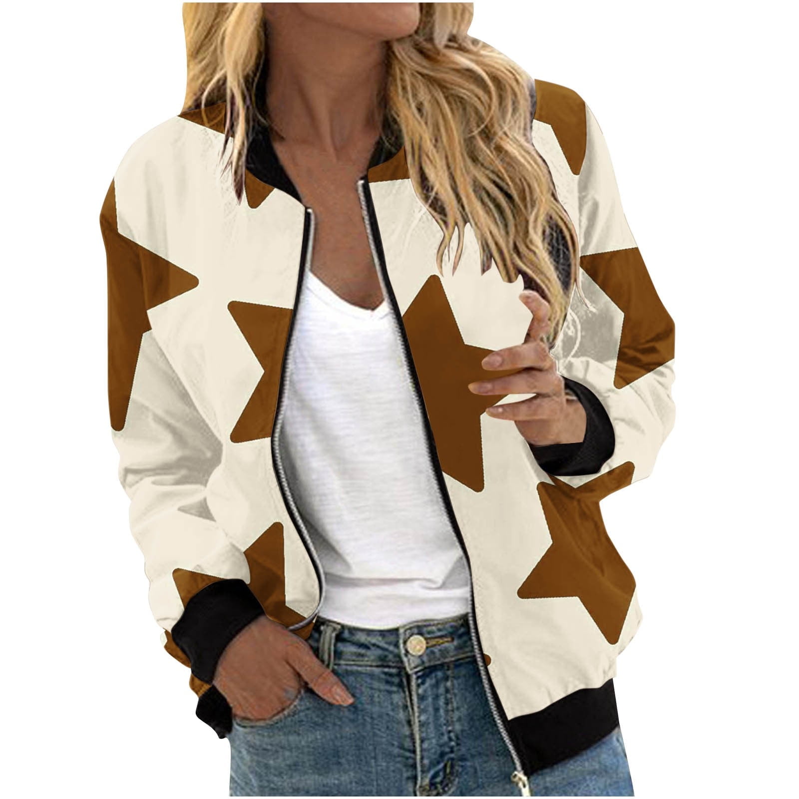 Fesfesfes Women's Block-Color Jacket Sping Fall Stand-Up Collar with ...
