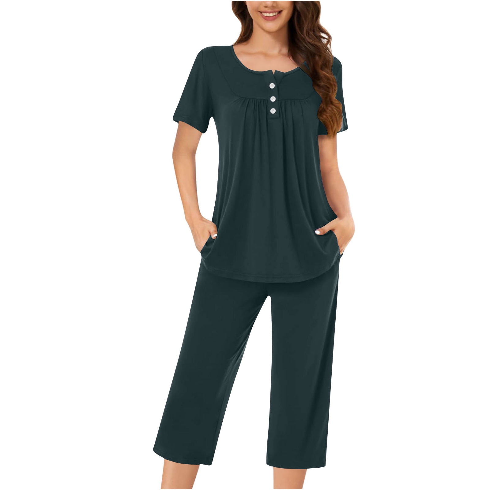 Fesfesfes Women's Comfy Pajama Set Solid Color Rounded Neckline Short ...