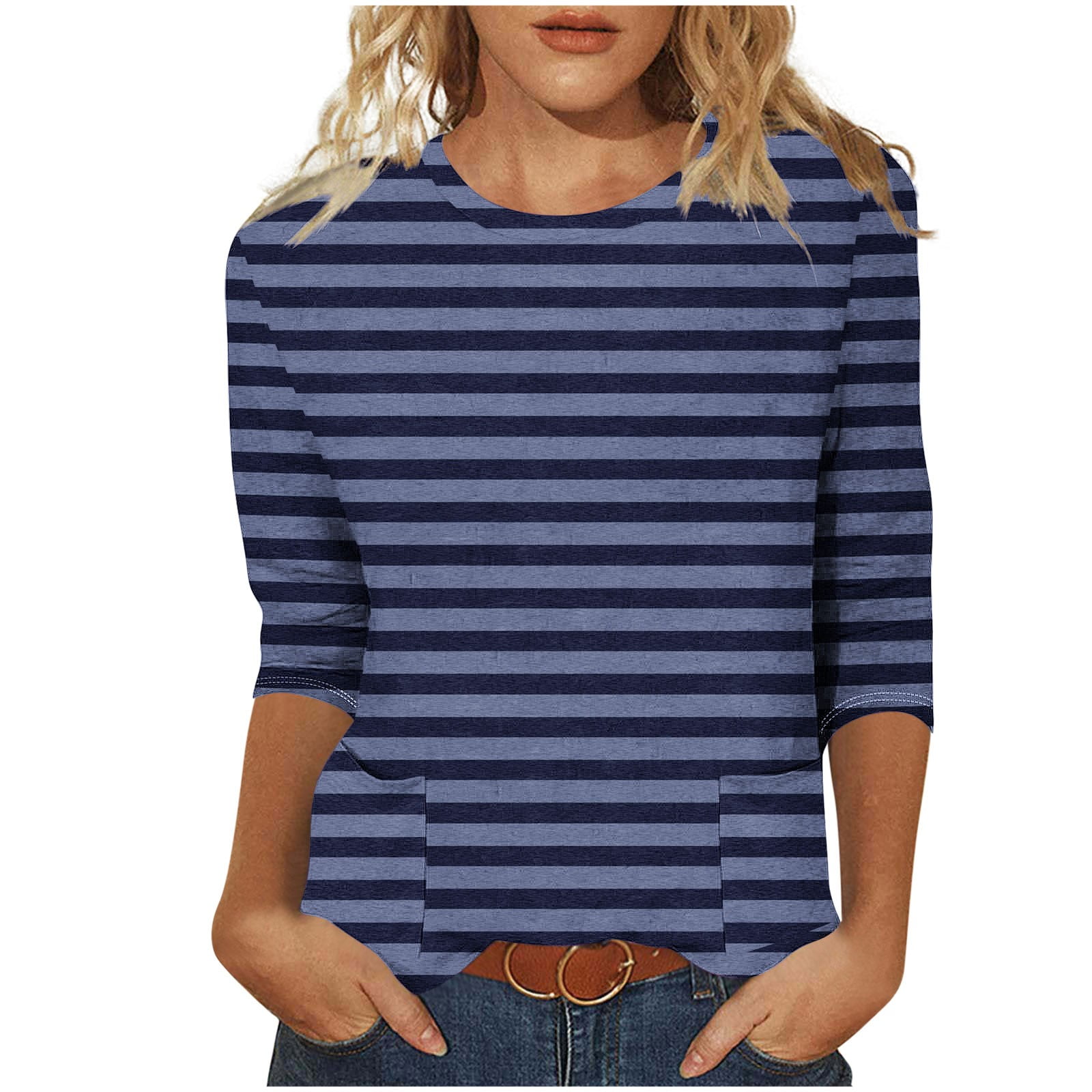 Fesfesfes Women's Contrast Color Blouses Comfy Breathable Stripe ...