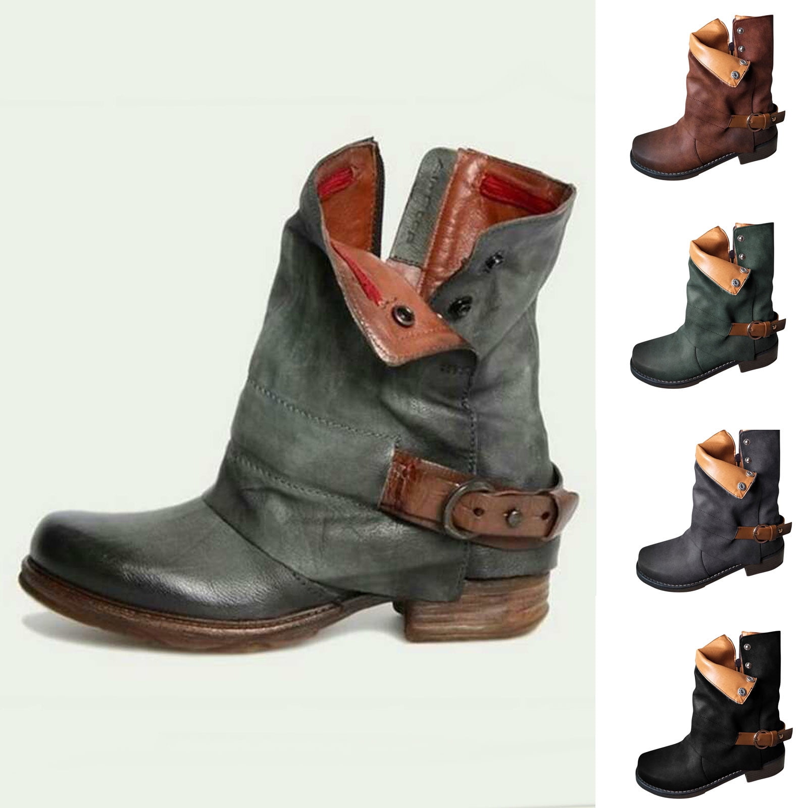 Fesfesfes Women's Cowboy Boots, Belt Buckle & Side Zipper, Faux-Leather ...