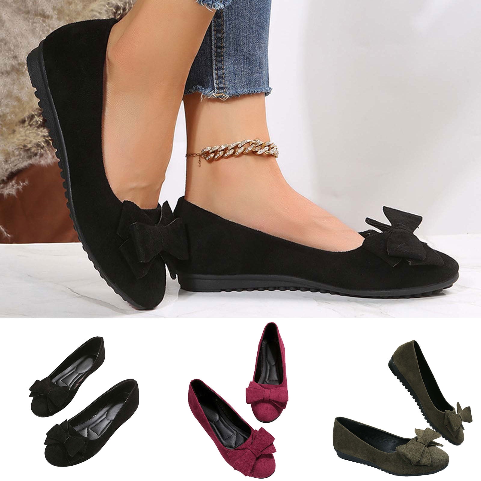 Fesfesfes Women's Dress Shoes Almond Toe Round-Toe Chunky Heels Bow ...