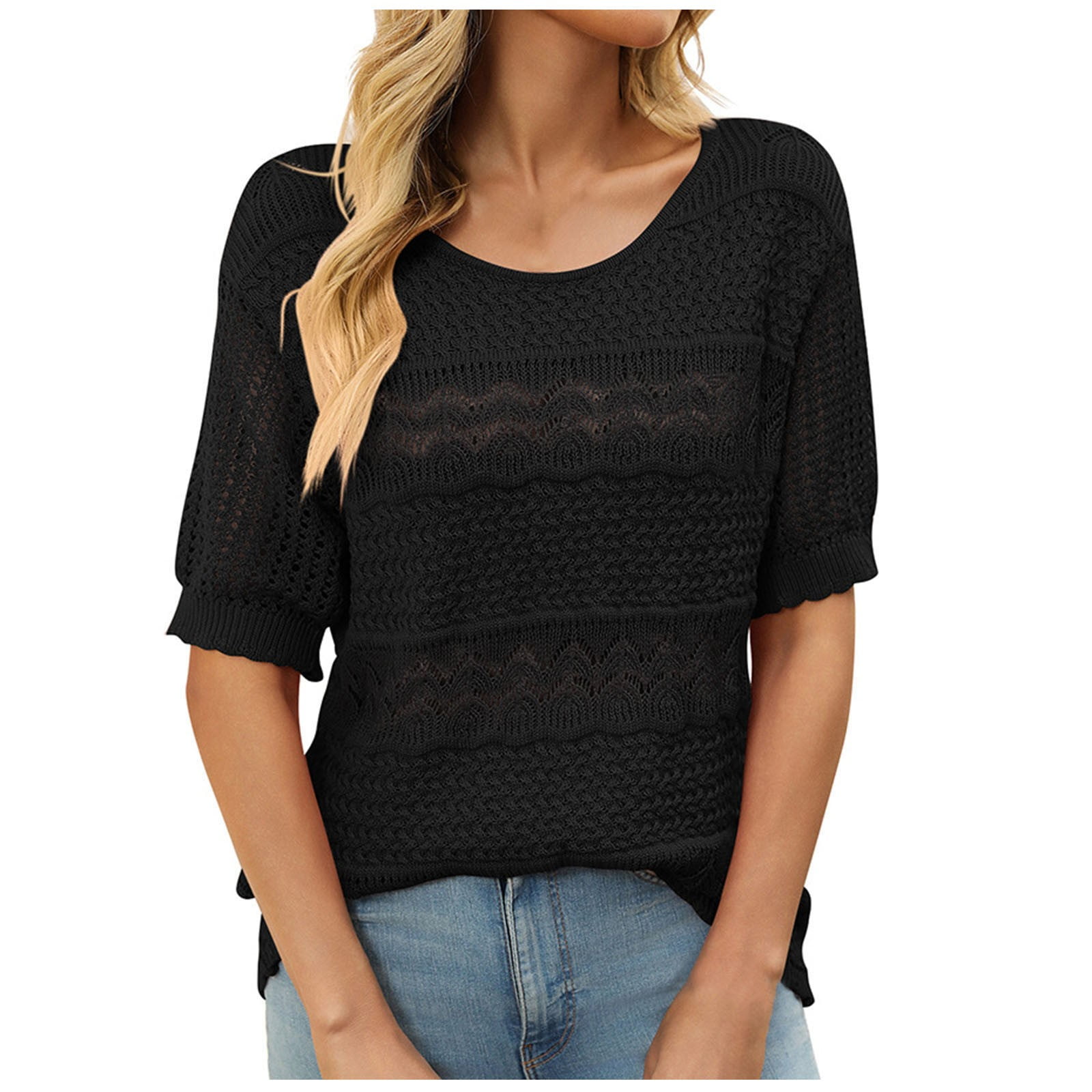 Fesfesfes Women's Fashion Tops Casual Half Sleeve Round Neck Knitted ...