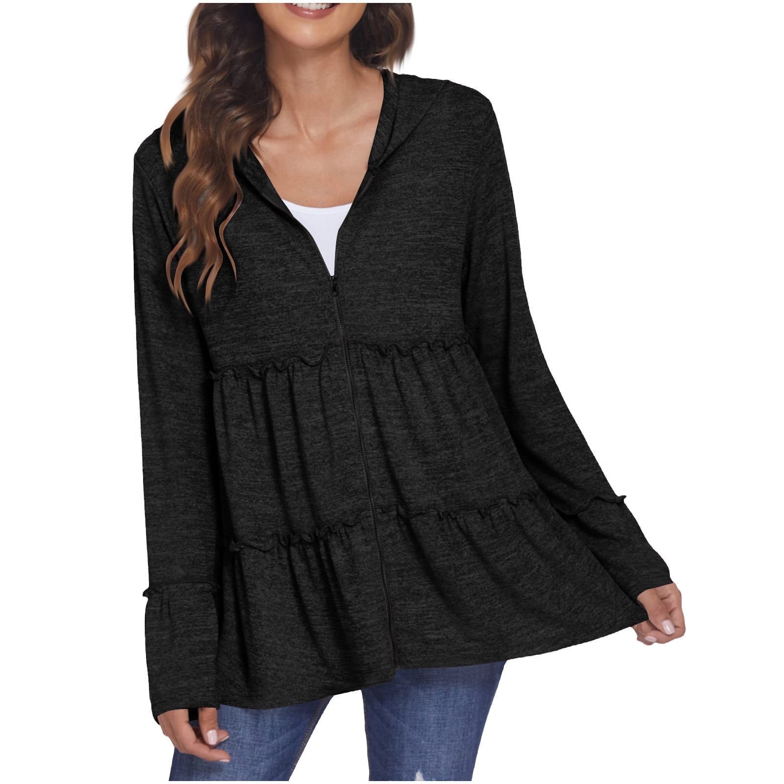 Fesfesfes Women's Hooded Tiered Jacket V-Shaped Hooded Neckline Flared ...