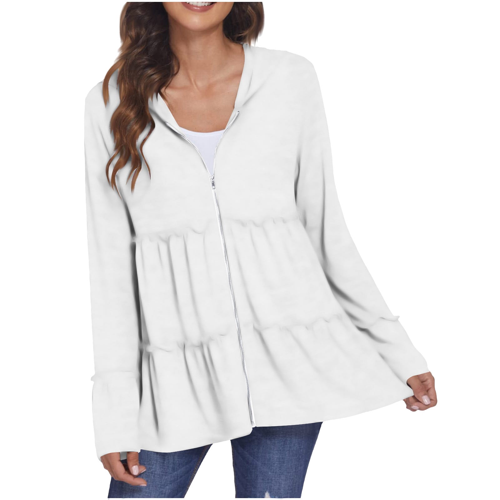 Fesfesfes Women's Hooded Tiered Jacket V-Shaped Hooded Neckline Flared ...