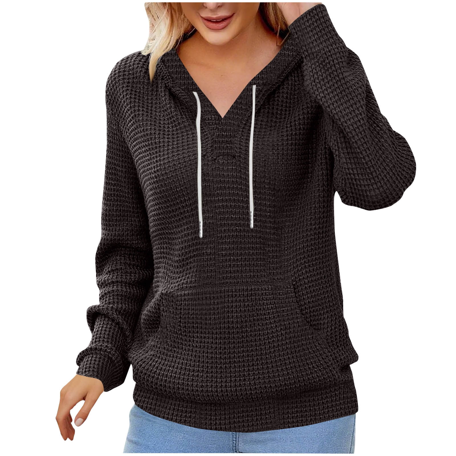 Fesfesfes Women's Knit Hooded V-Shaped Hood Neckline with Drawstrings ...