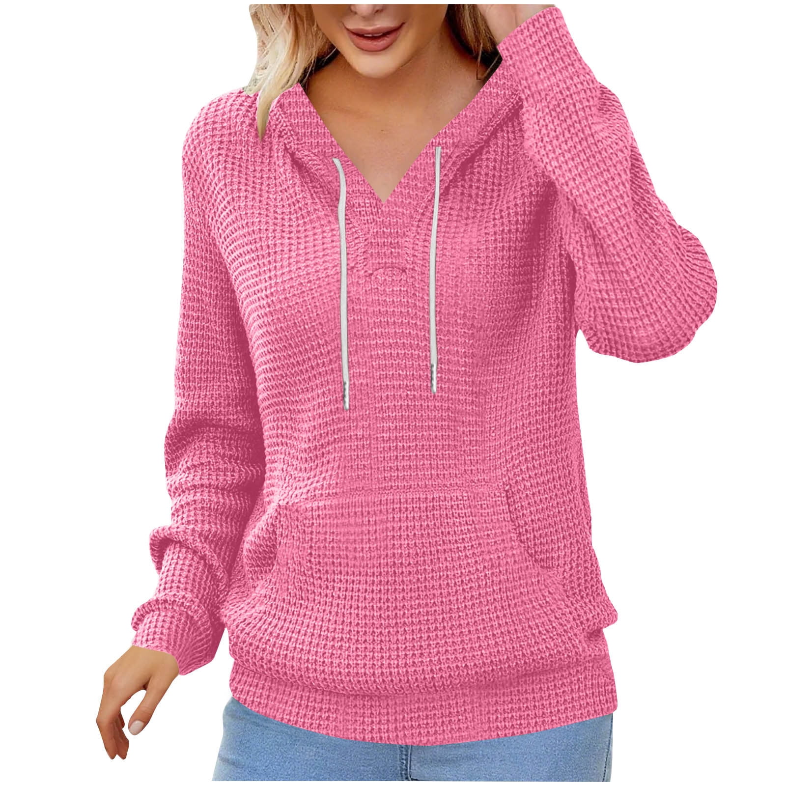 Fesfesfes Women's Knit Hooded V-Shaped Hood Neckline with Drawstrings ...
