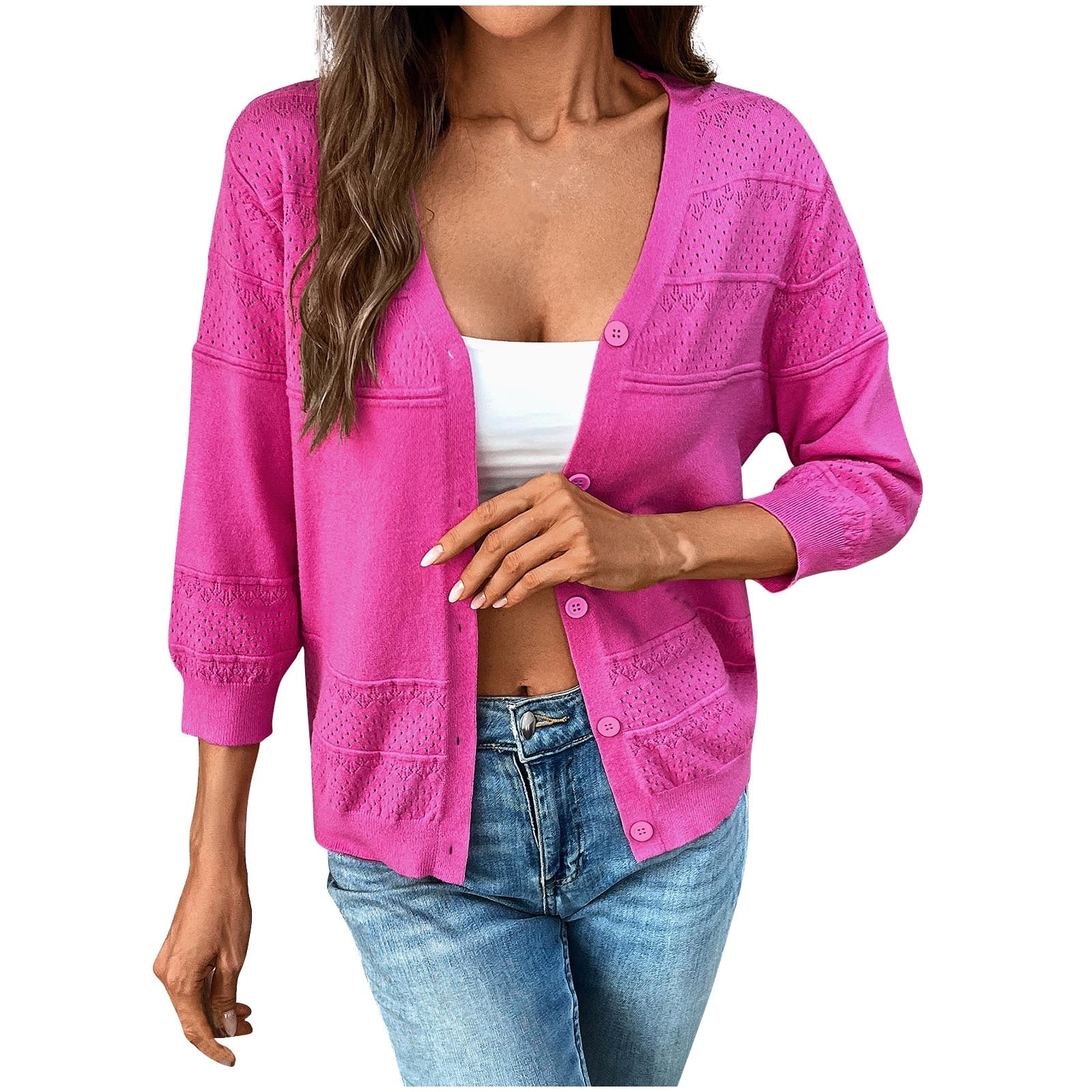 Fesfesfes Women's Open-Front Knit Cardigan Collarless Long Sleeves with ...