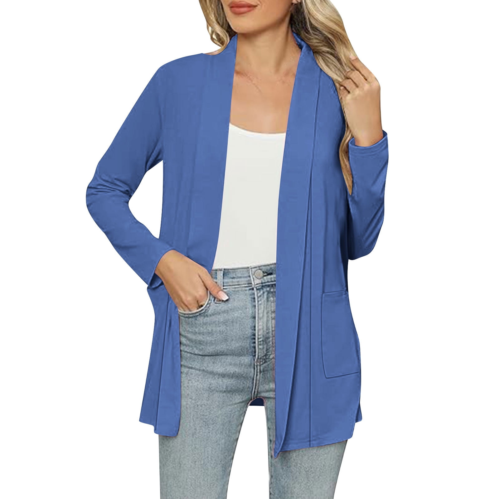 Fesfesfes Women's Open-Front Knit Cardigan Collarless Long Sleeves with ...