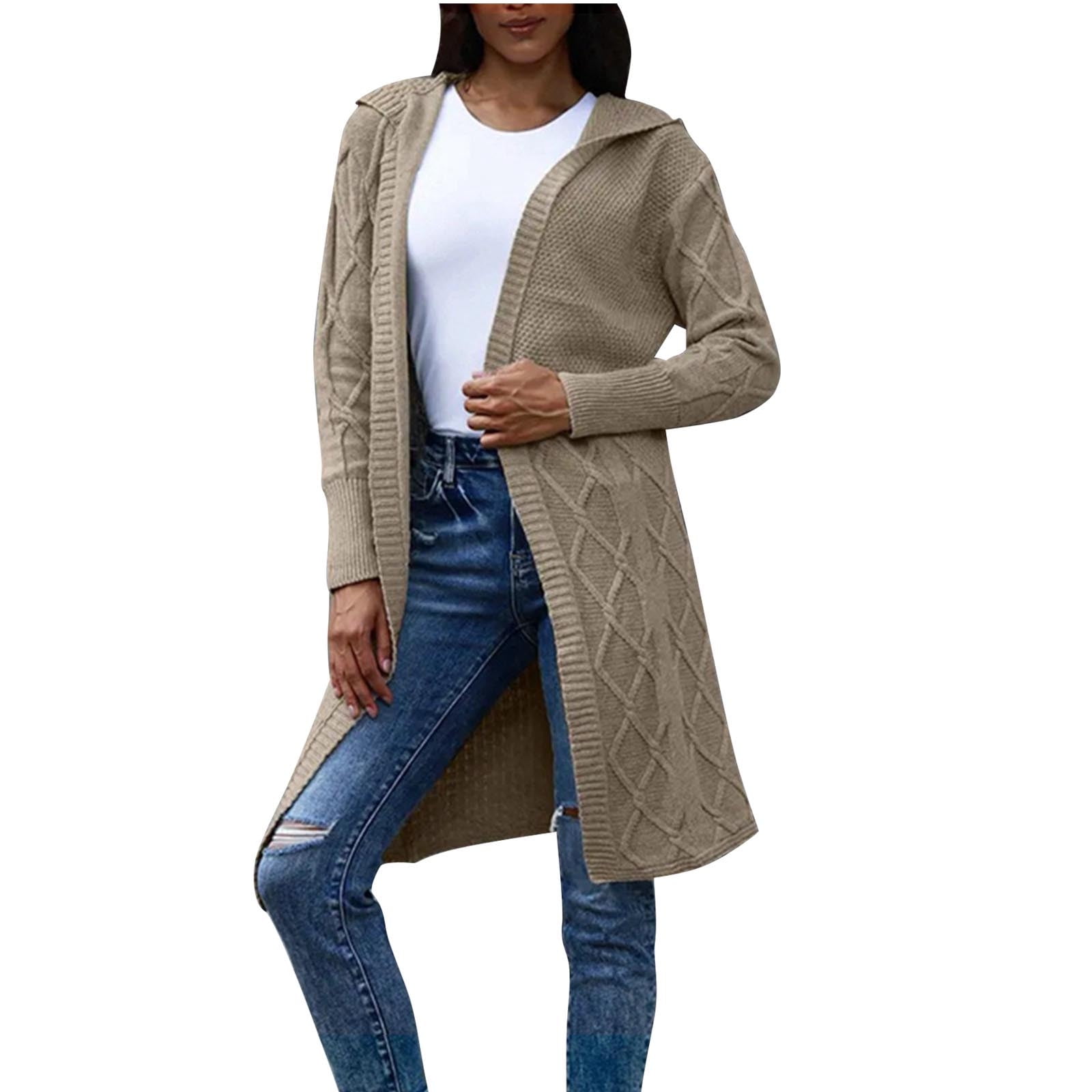 Fesfesfes Women's Open-Front Knit Cardigan Collarless Long Sleeves with ...