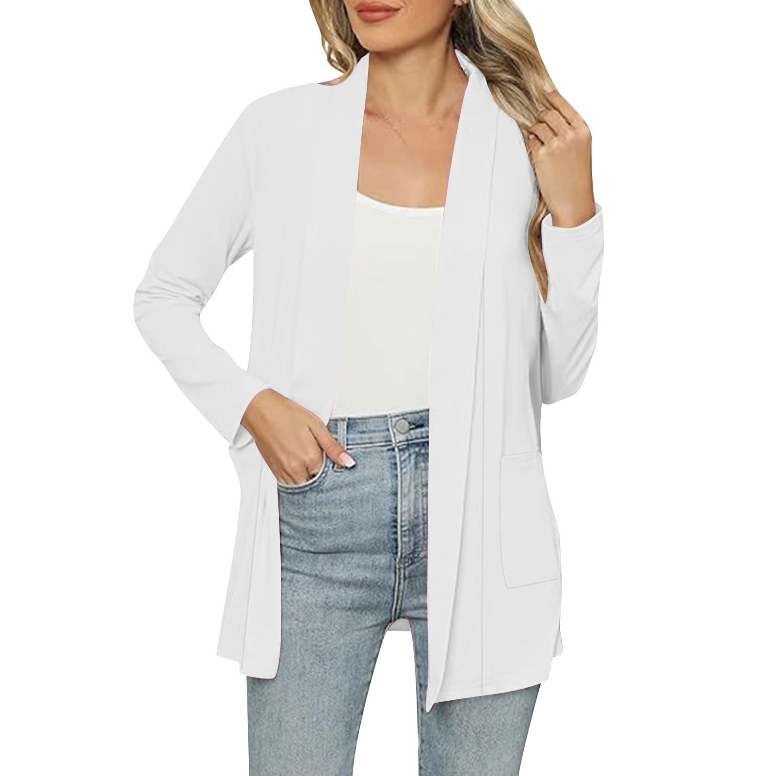 Fesfesfes Women's Open-Front Knit Cardigan Collarless Long Sleeves with ...