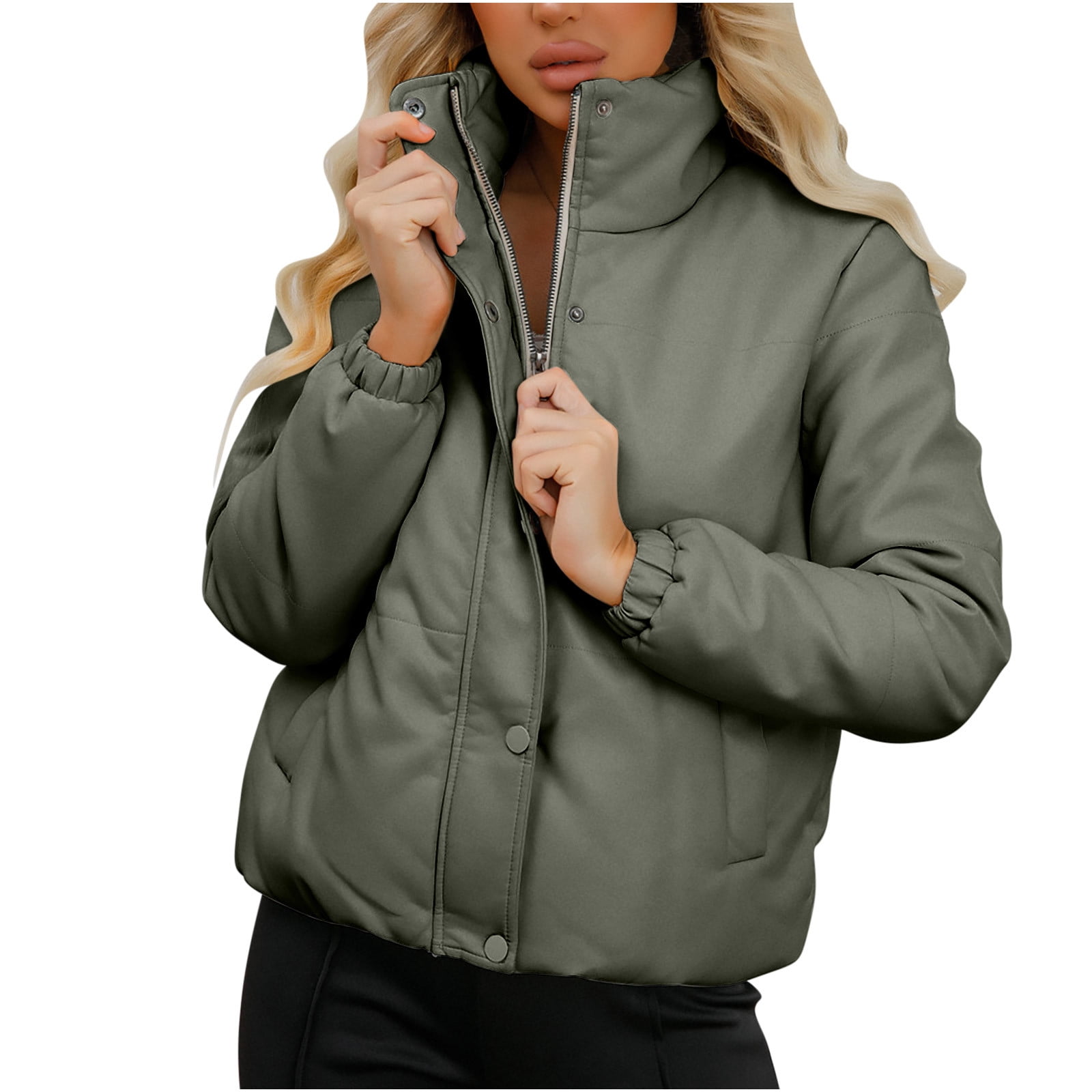 Fesfesfes Women's Puffer Coat High Stand Collar Elastic Cuffed Sleeves ...