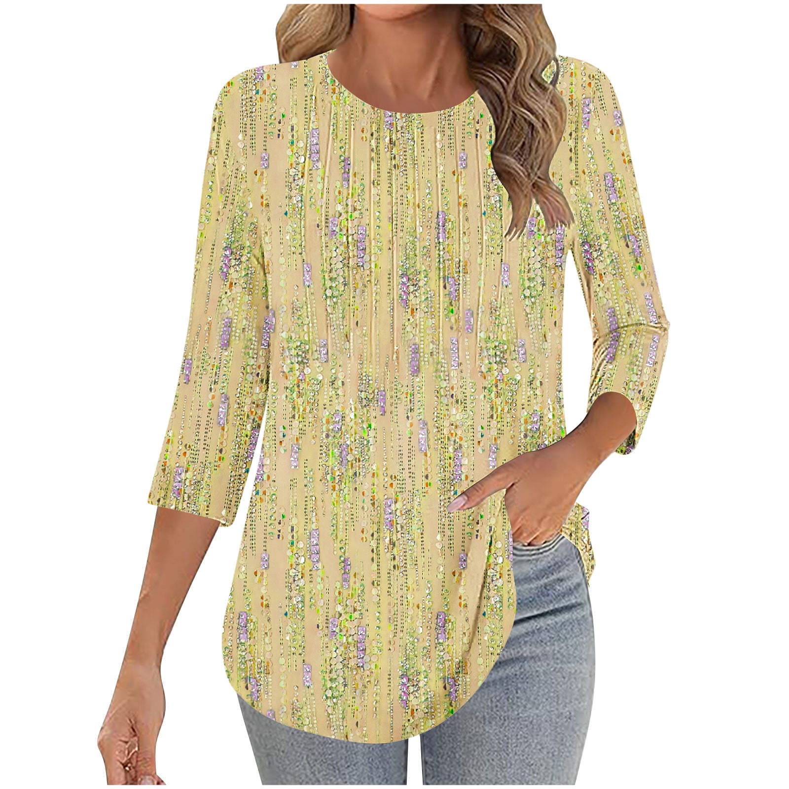 Fesfesfes Women's Solid Casual Shirts Three Quarter Sleeve Round Neck Linen Tops Warm Weather ...