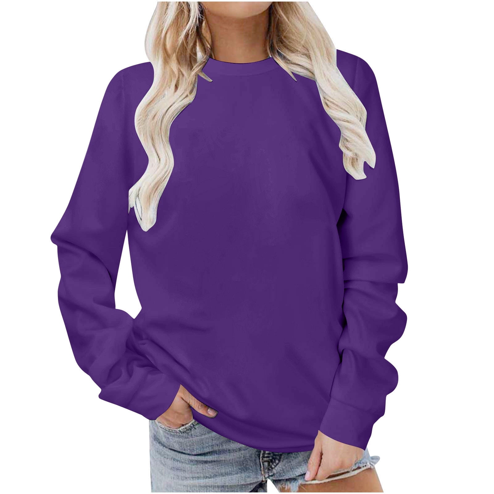 Fesfesfes Women's Solid Color Sweatshirts Leisure Fall Winter Full ...