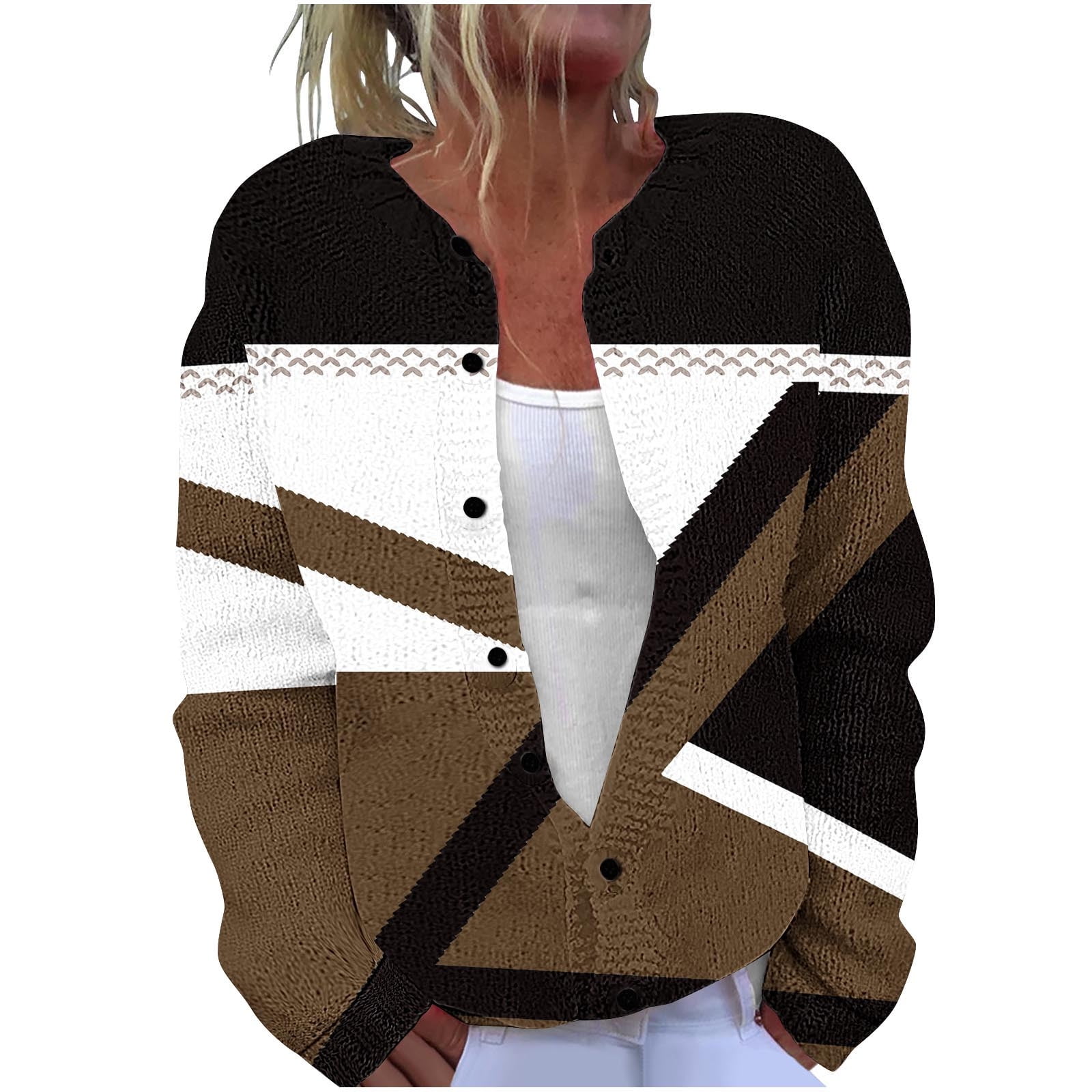 Fesfesfes Women's Stripe Knit Cardigan Round Neckline Long Tapered ...