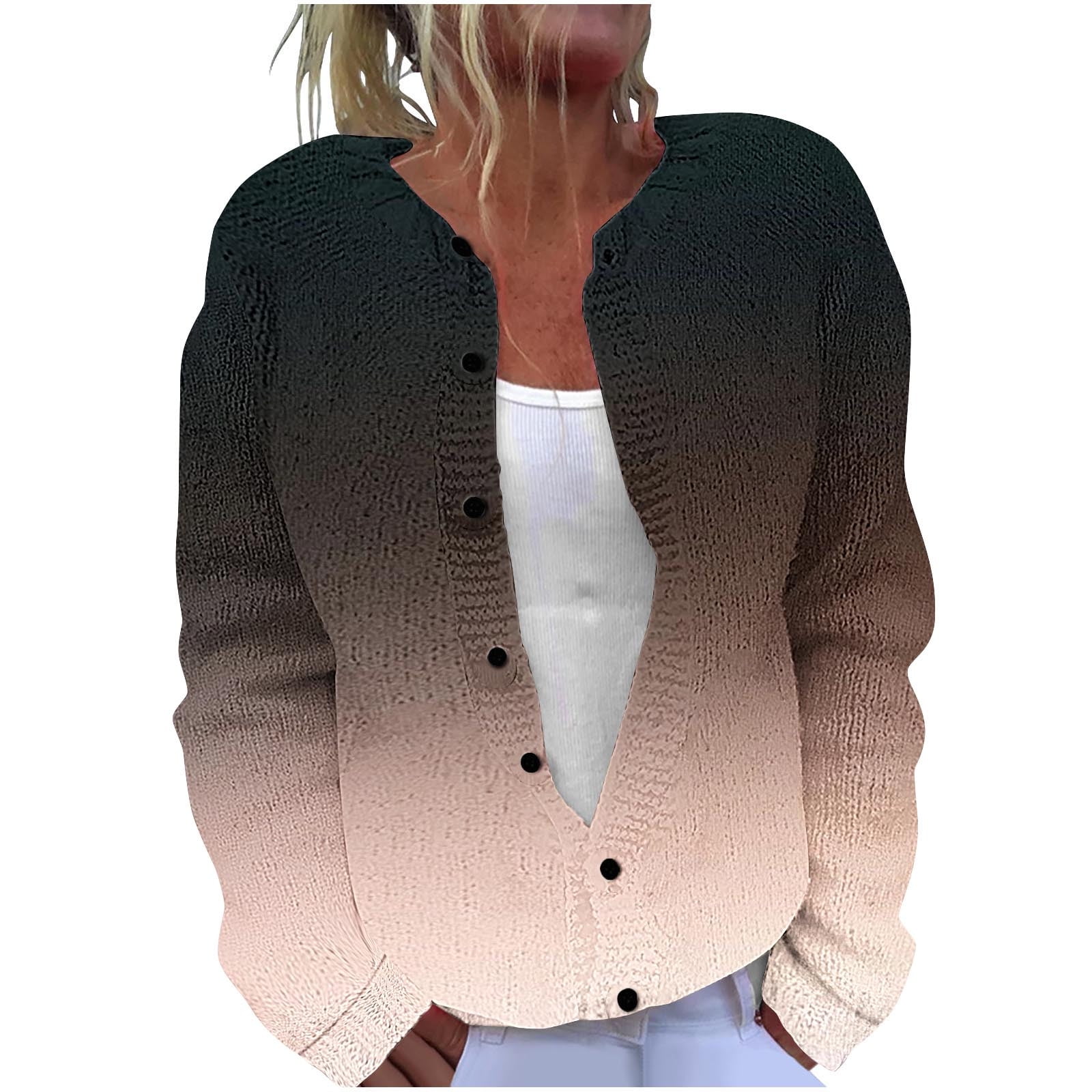 Fesfesfes Women's Stripe Knit Cardigan Round Neckline Long Tapered ...
