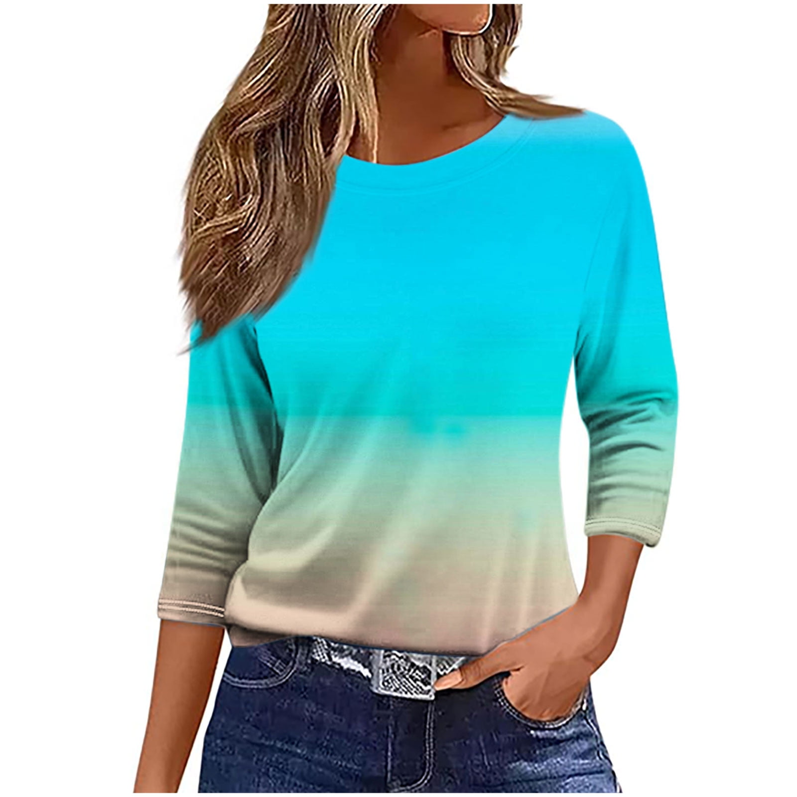 Fesfesfes Women's Trendy Tops Gradient Color Casual Round Neck Three ...