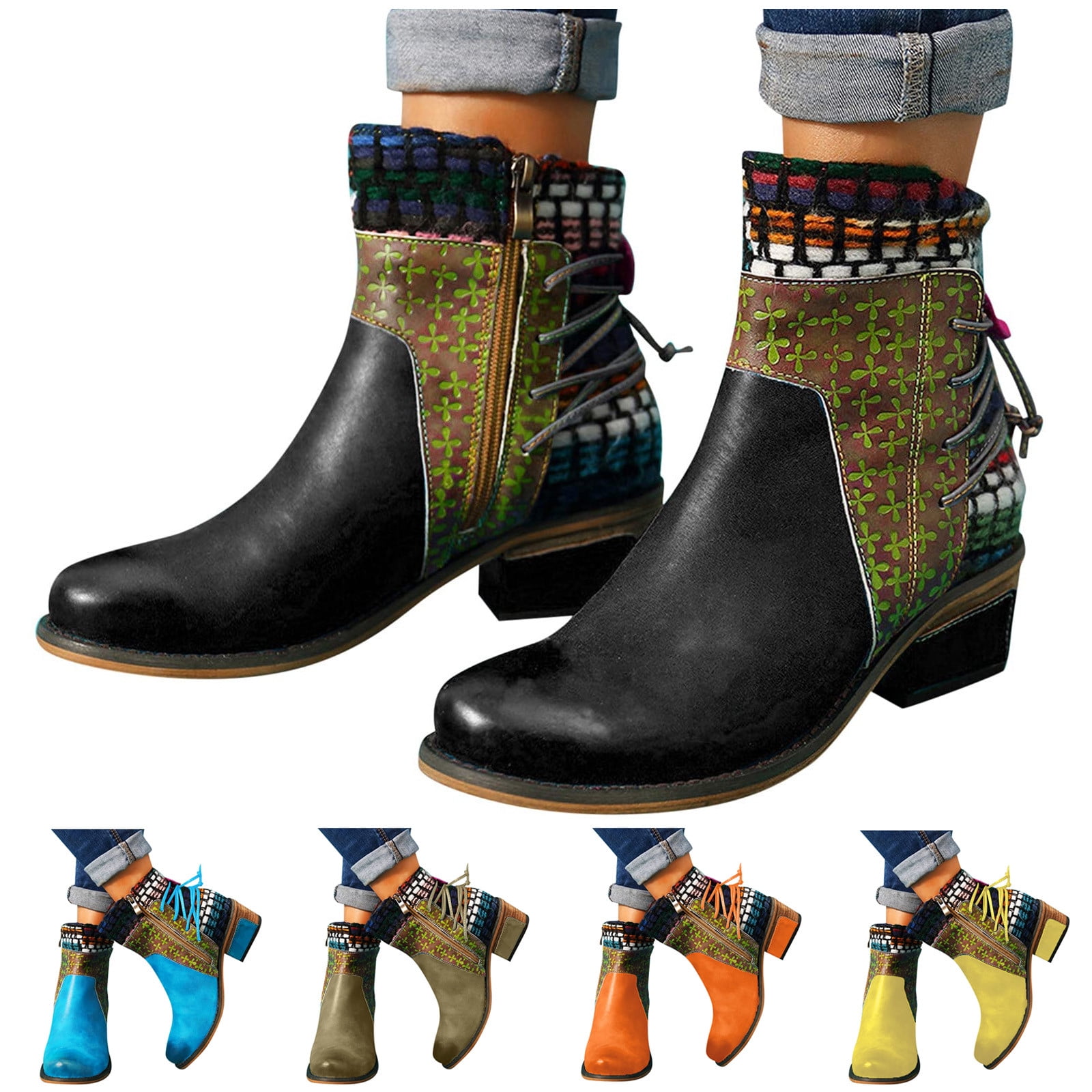 Fesfesfes Womens Boot Vintage Splicing Round Toe Heel Boots Thick Heel ...