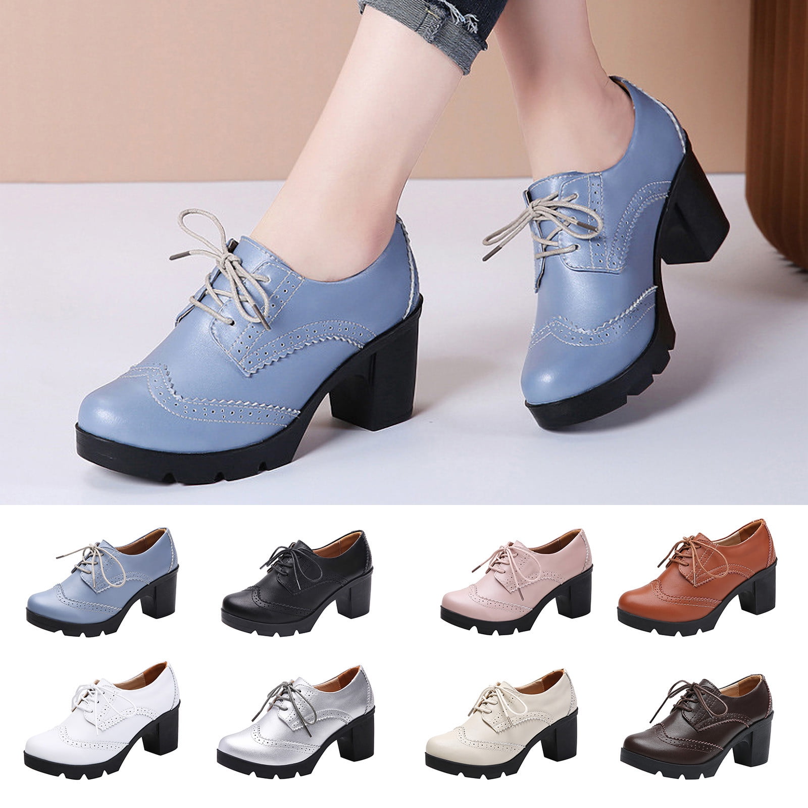 Fesfesfes Womens Platform Heels Oversized Cowhide Soled Synthetic ...