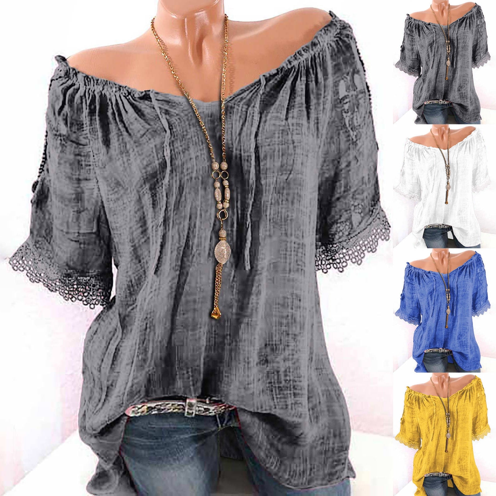 Fesfesfes Womens T Shirt Women Plus Casual Cold Off Shoulder Lace Neck ...