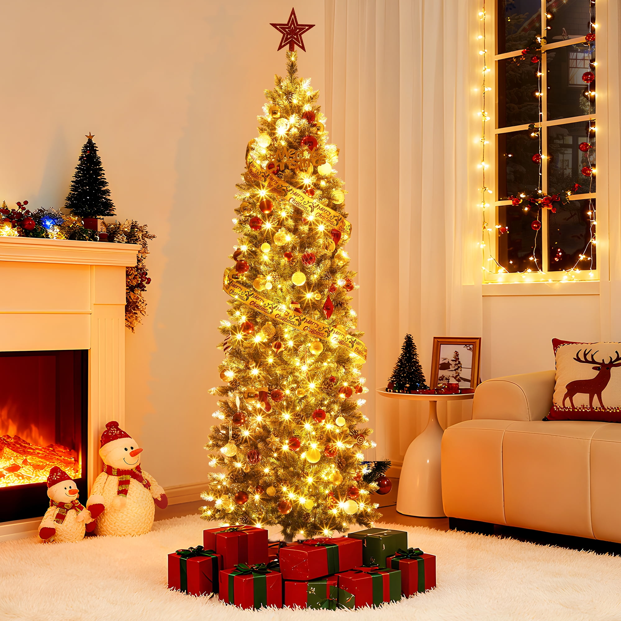 Festisoul 6 ft Pre-Lit Christmas Tree, Slim Christmas Tree with Pine ...