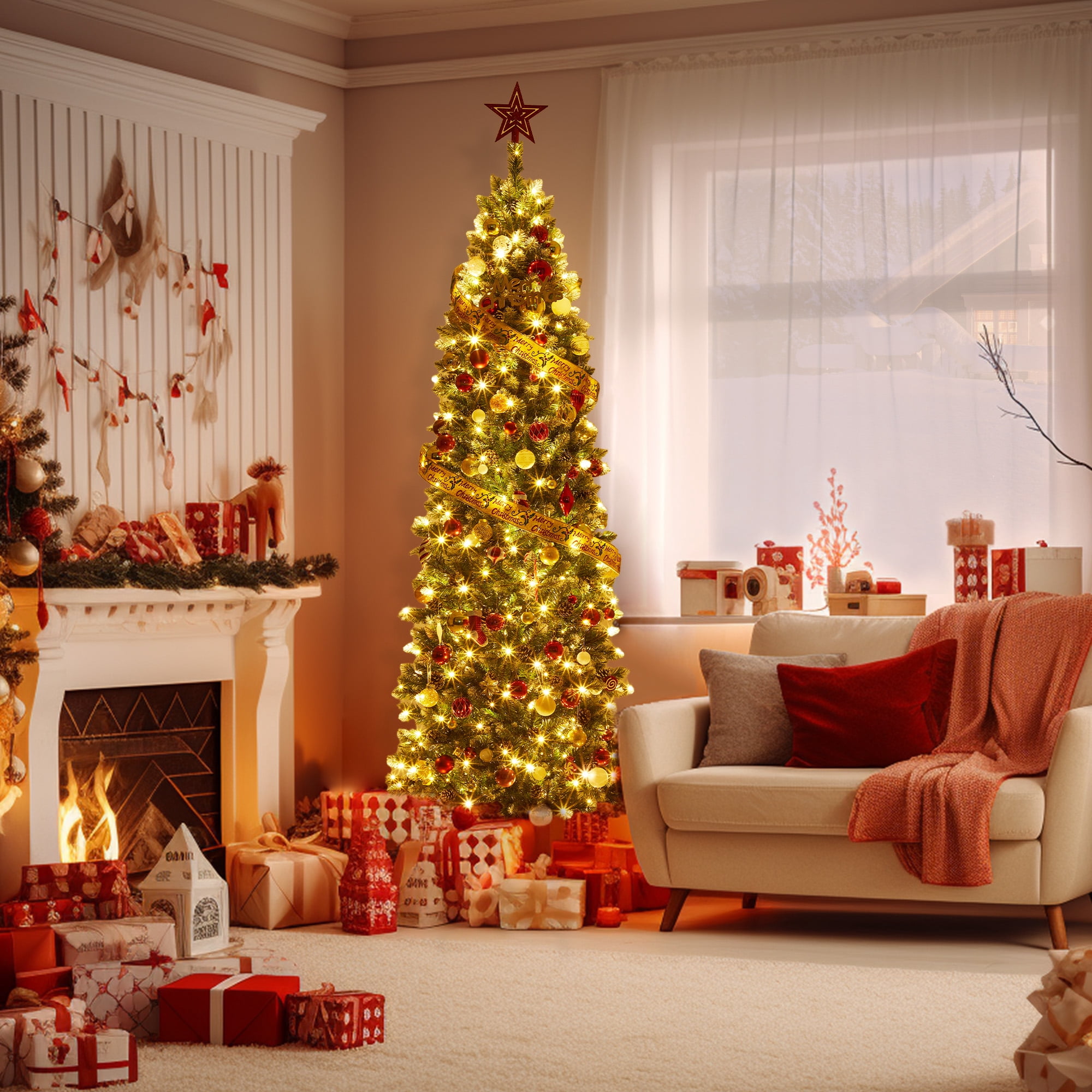 Festisoul 7.5 ft Pre-Lit Christmas Tree, Slim Christmas Tree with Pine ...