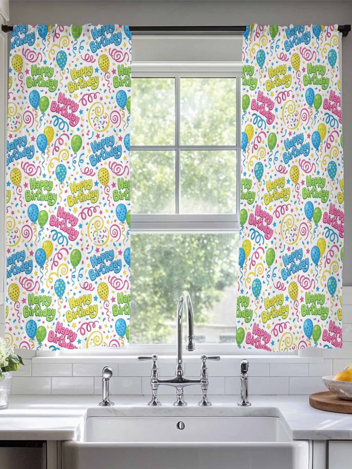 Festival Balloon Sheer Curtains 63 inches Long, Happy Birthday Blue ...