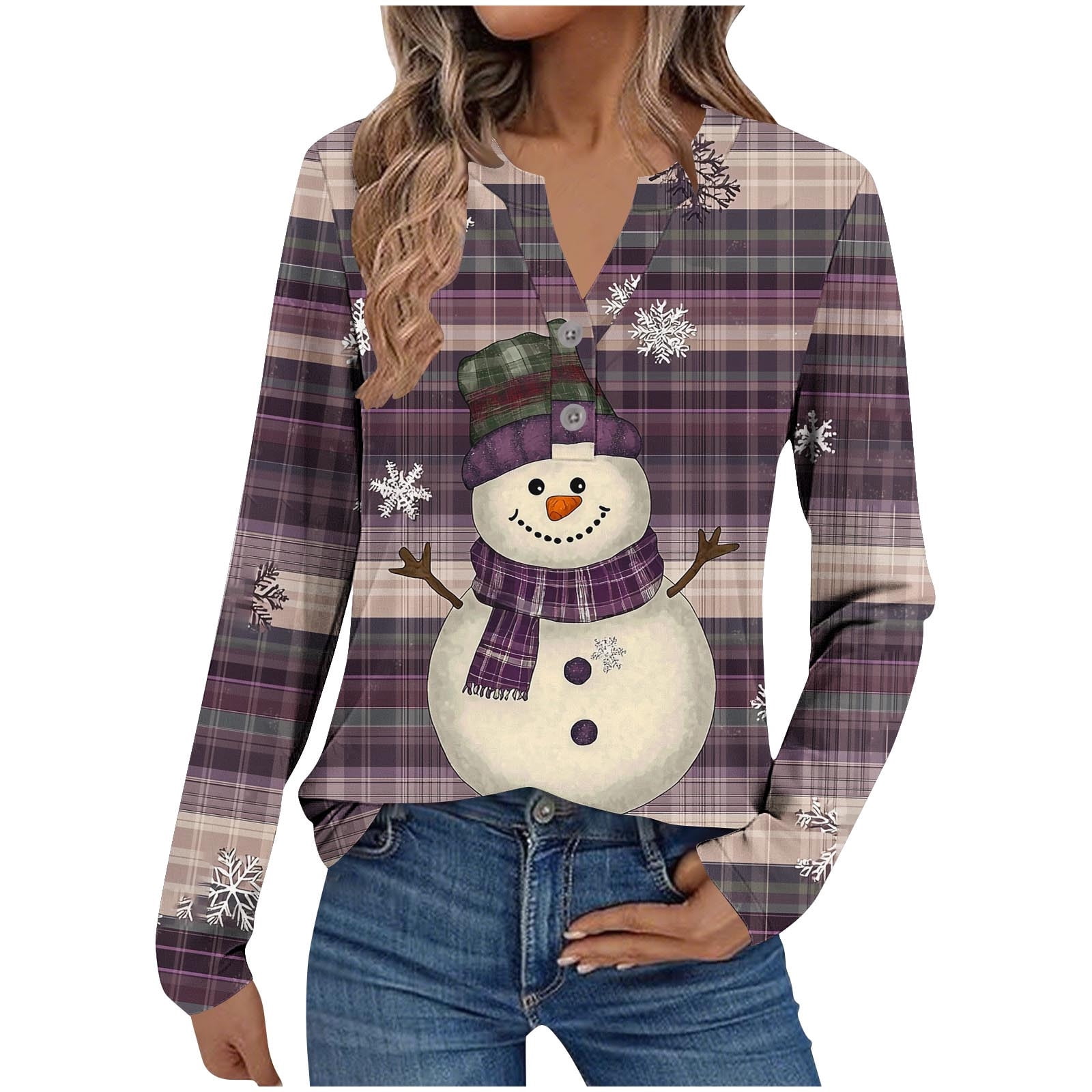 Christmas Top for Women Holiday Snowman Print Shirt Long Sleeve Crew ...