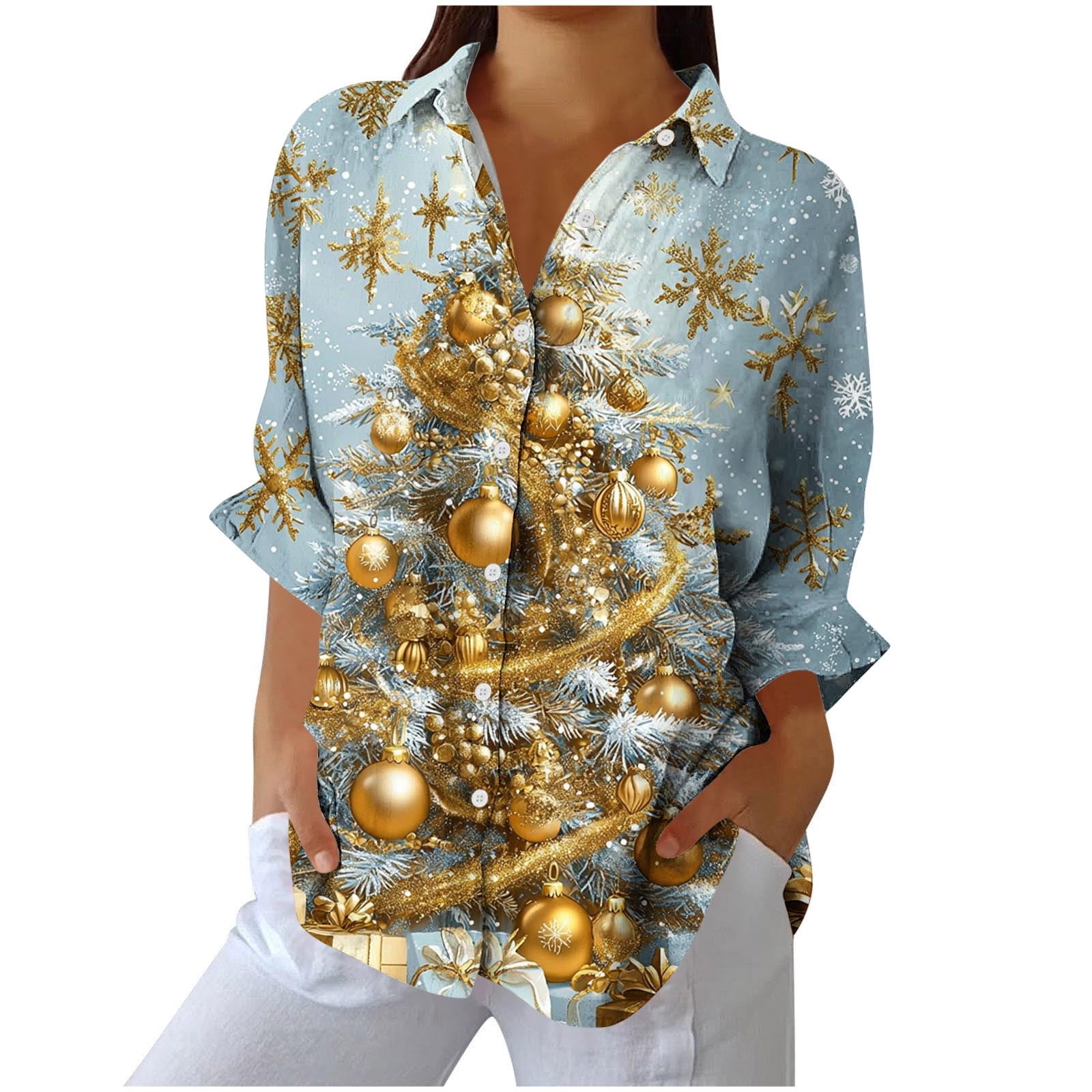 Christmas Tshirts Women Long Sleeve Button Down Blouse with Christmas ...