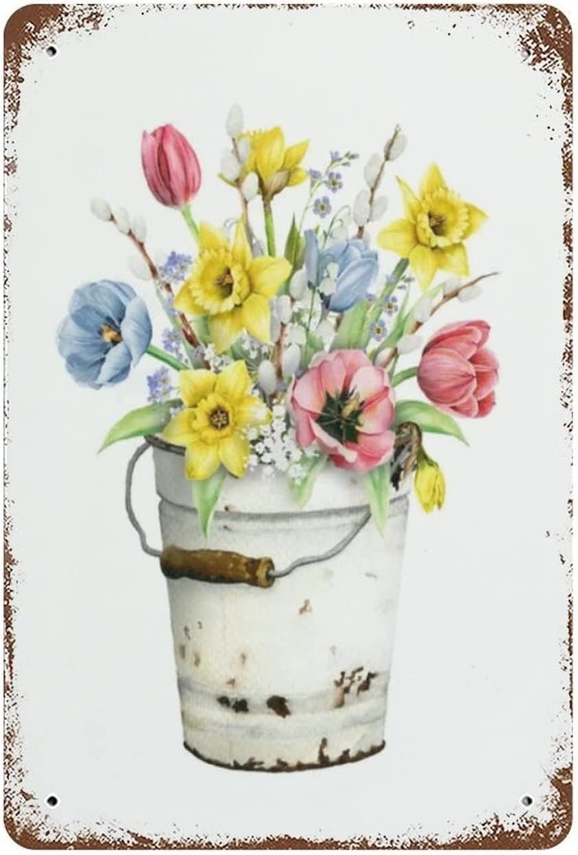 Festival Wall Art Summer Home Decor Tin Sign Daffodil Floral Bouquet ...
