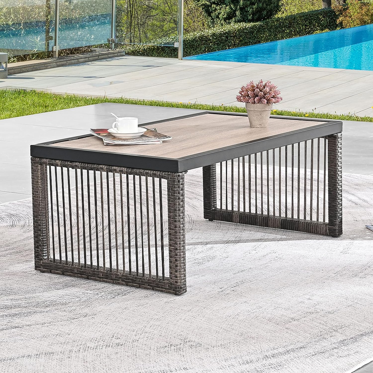 Festival Wicker Patio Coffee Table All-Weather Metal Square Dining ...