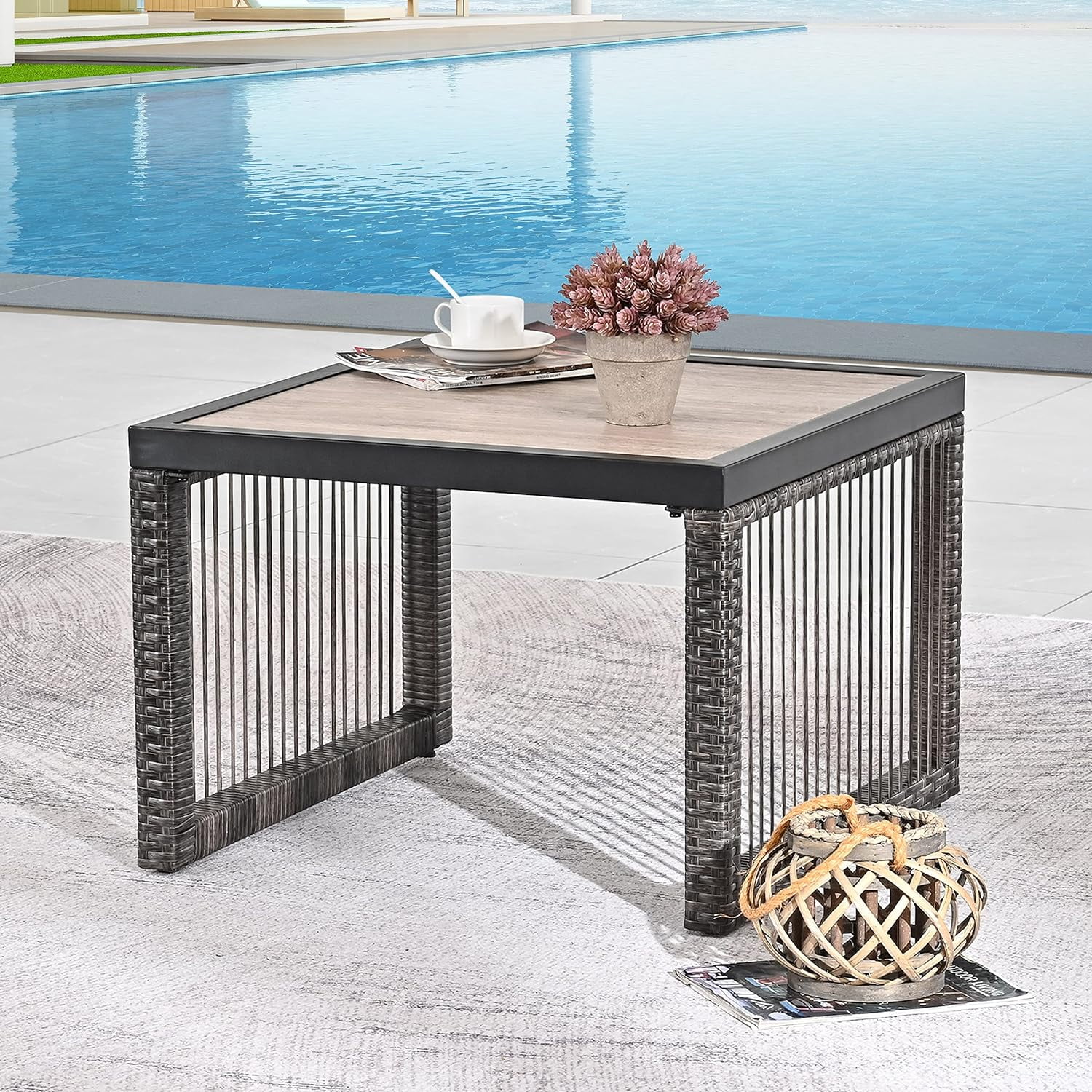 Festival Wicker Patio Side Table All-Weather Metal Square Dining Coffee ...