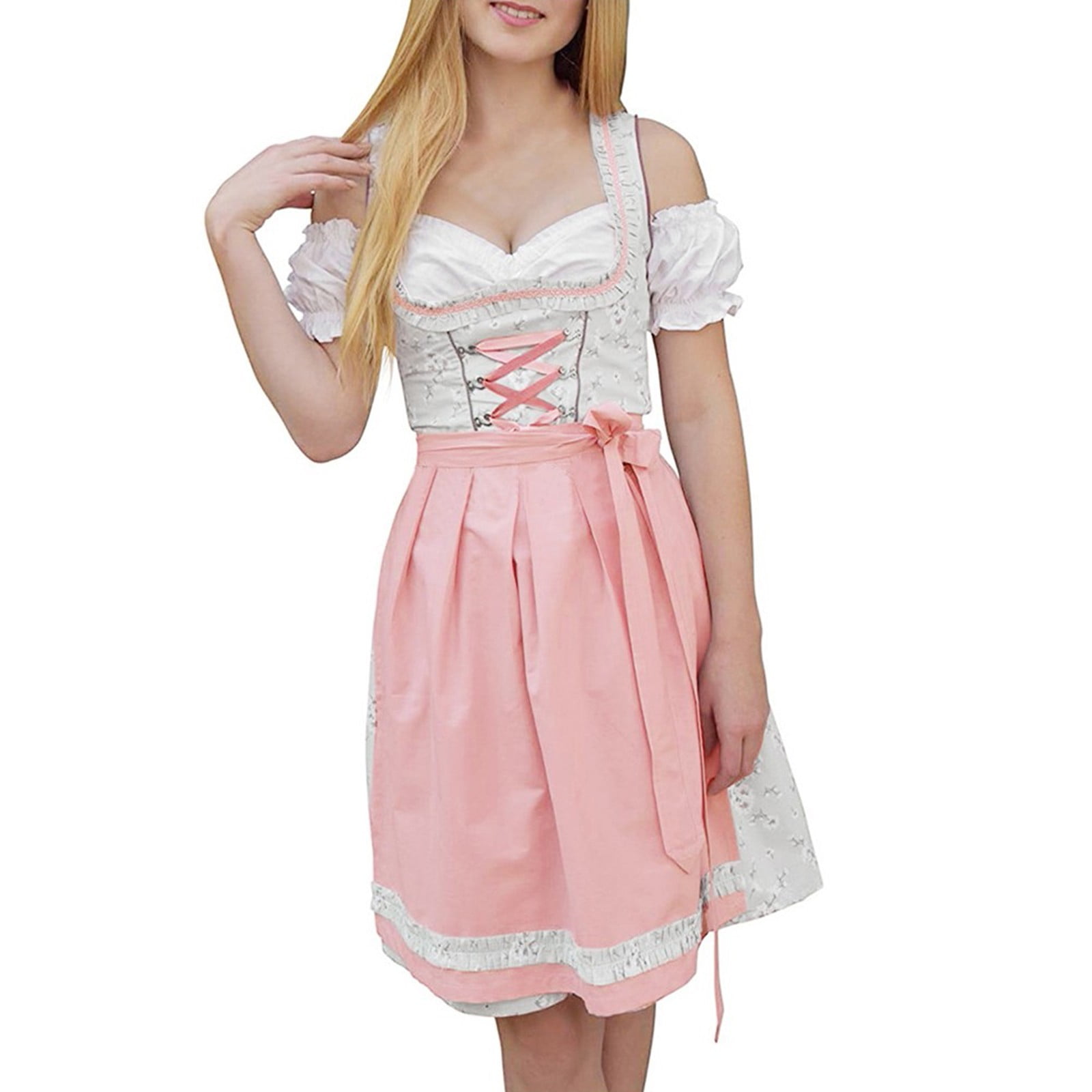 Festival Women Sex Floral Print Pleated Dress With Apron And Blouse