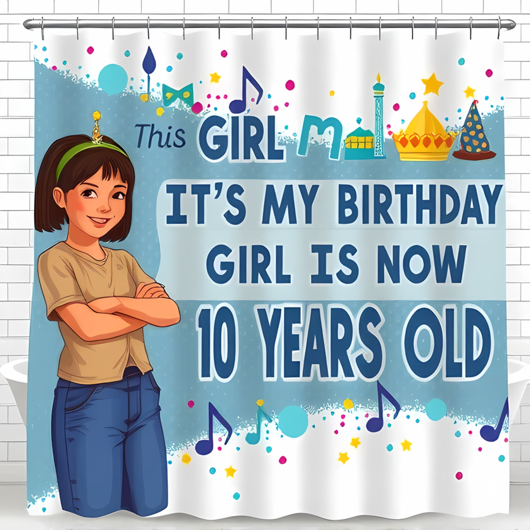 Festive 10th Birthday Shower Curtain - Cheerful Cartoon Girl Musical ...