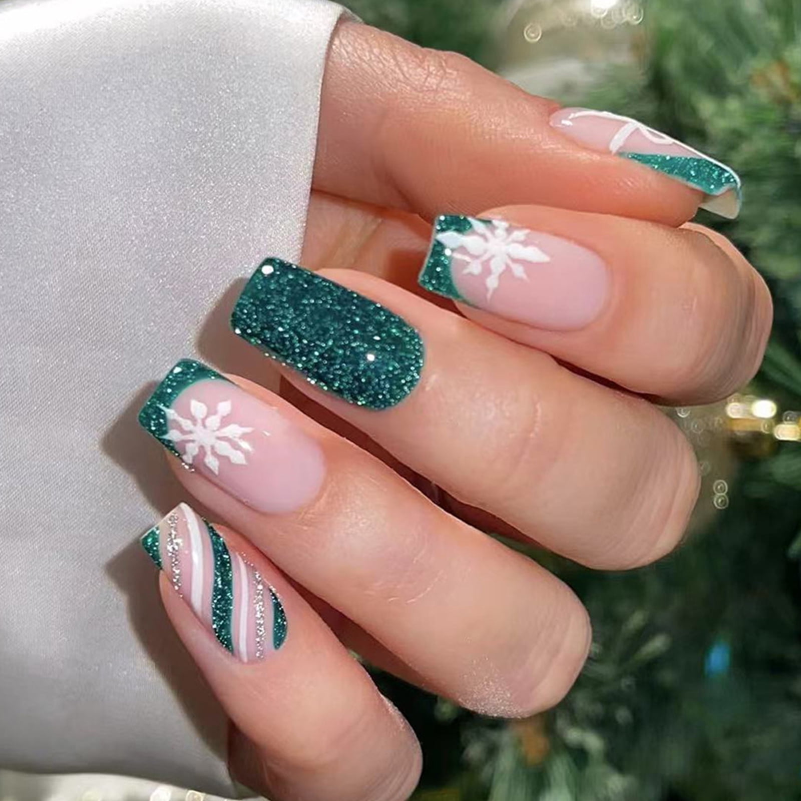 Festive 24Piece Set Short Shape Shines Green Sparkles Fake Nails Quick ...