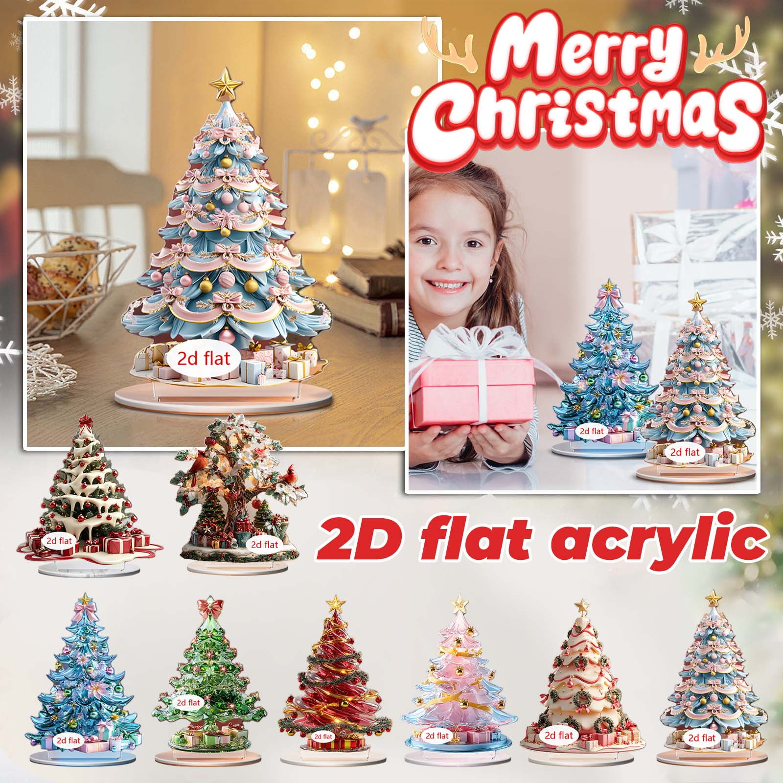 Festive 2D Flat Christmas Tree Decoration with Ornaments and Gifts ...
