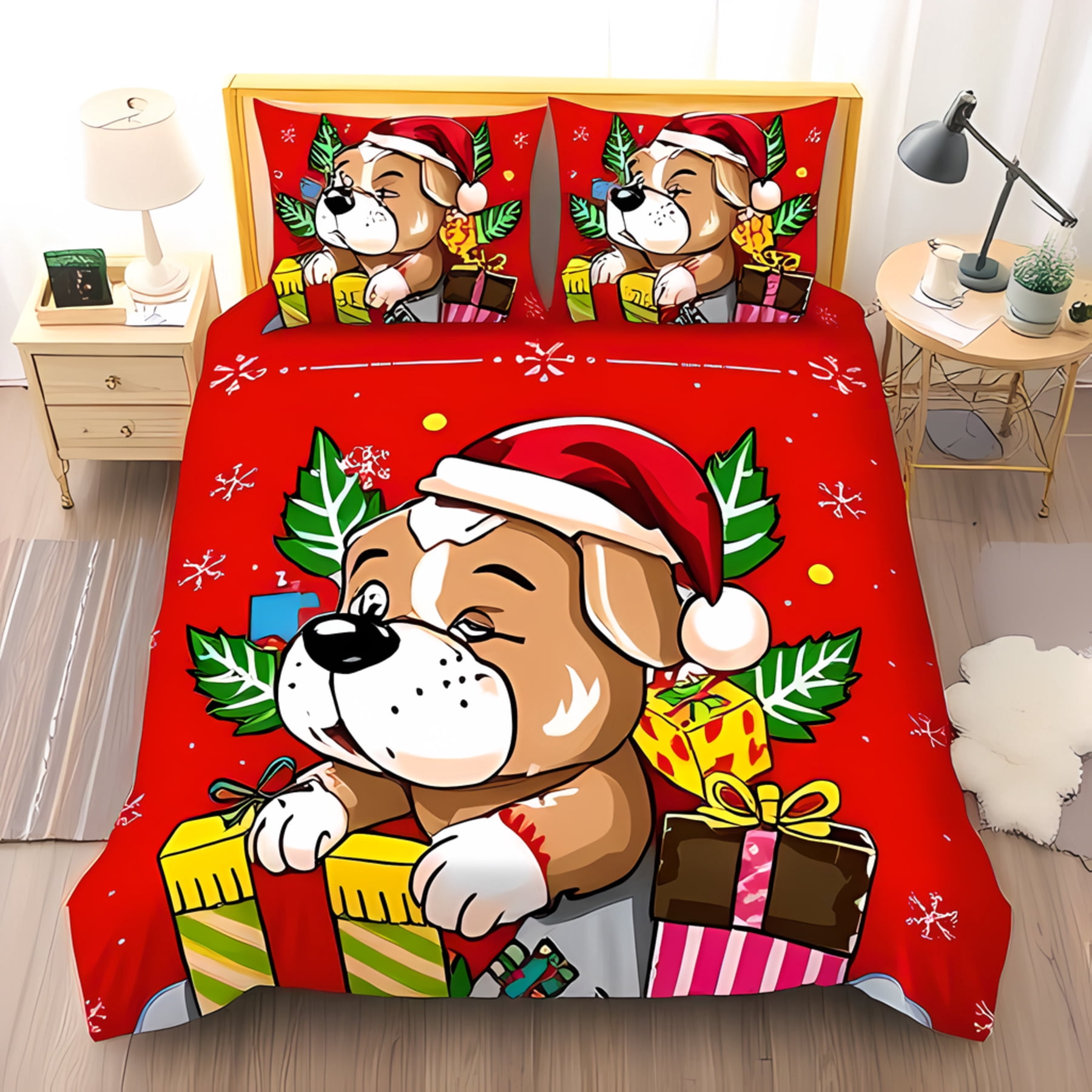 Festive 3-Piece Christmas Duvet Cover Set with Cartoon Dogs in Santa ...