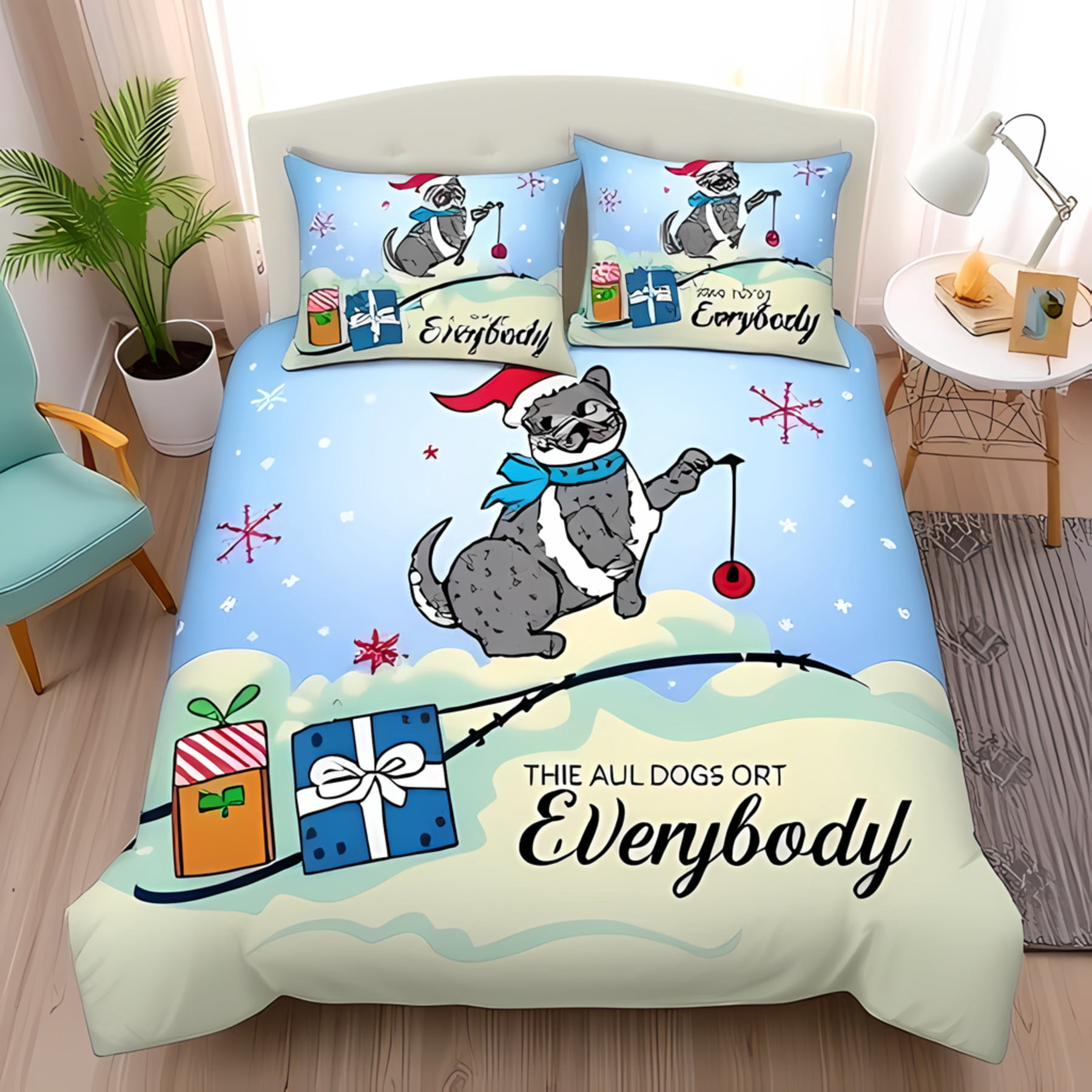 Festive 3-Piece Duvet Cover Set - Cartoon Dog in Santa Hat & Scarf ...