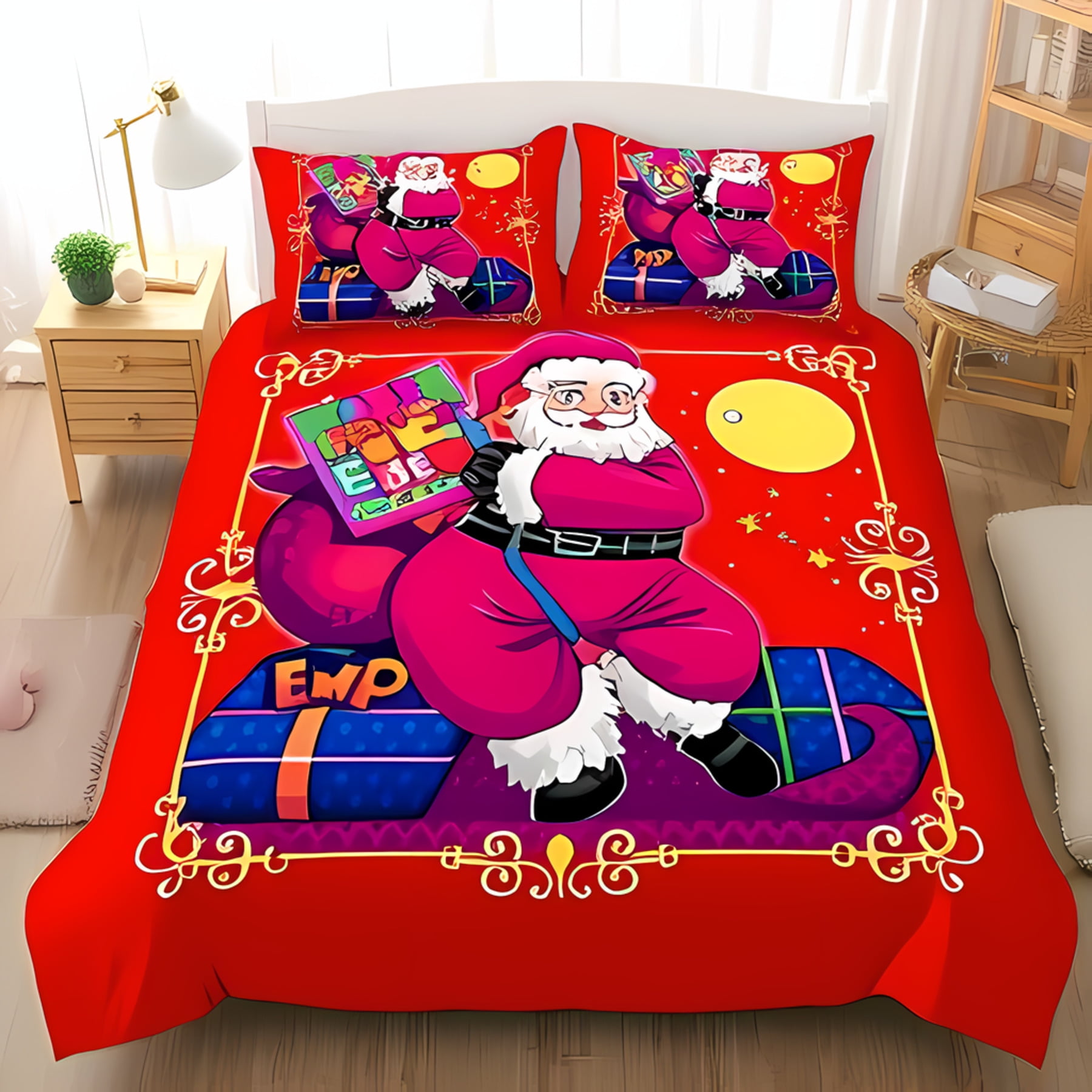 Festive 3-Piece Duvet Cover Set with Cartoon Santa Claus Design Red ...