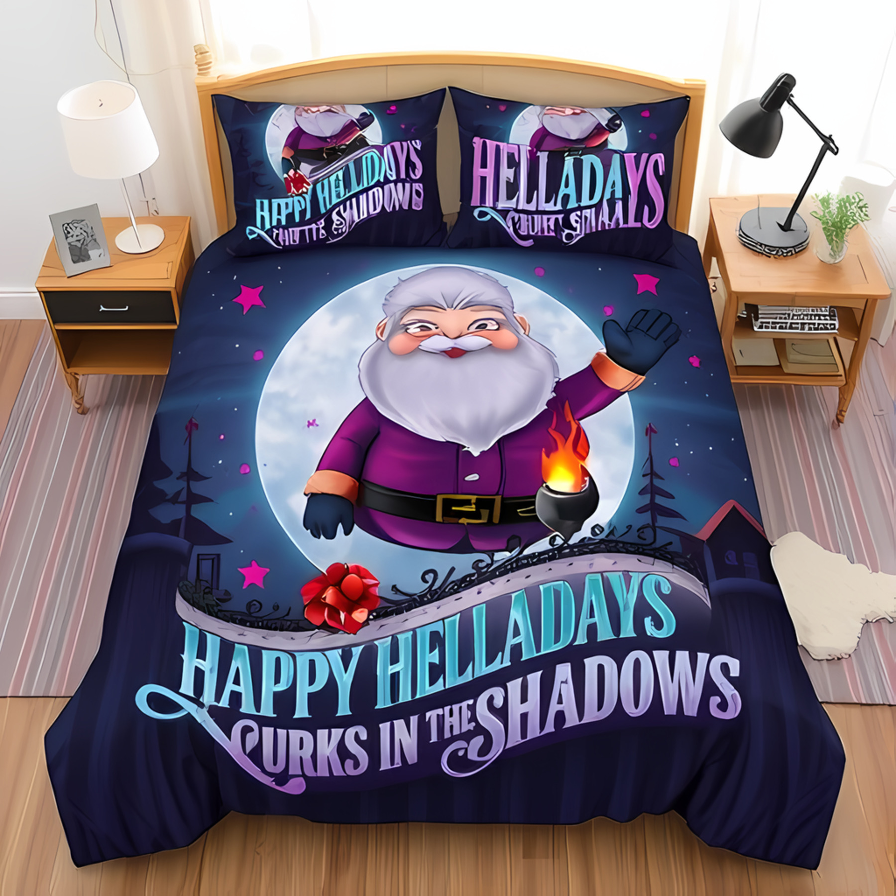 Festive 3-Piece Duvet Cover Set with Cartoon Santa Claus Flames Stars ...