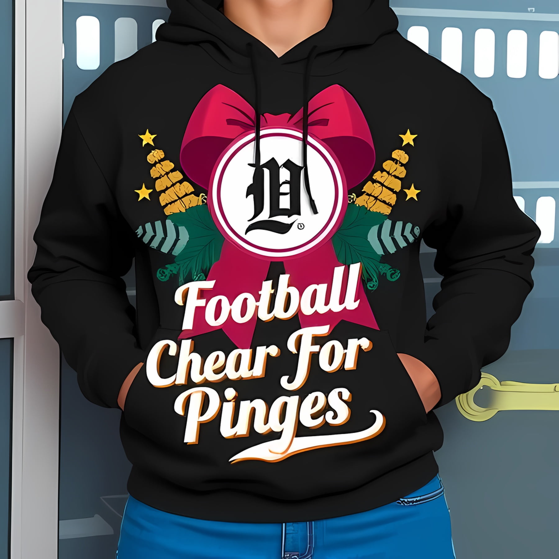 Festive 3D Black Hoodie for Football Fans - Crimson Bow & Design "Football Cheer For Pinges ...