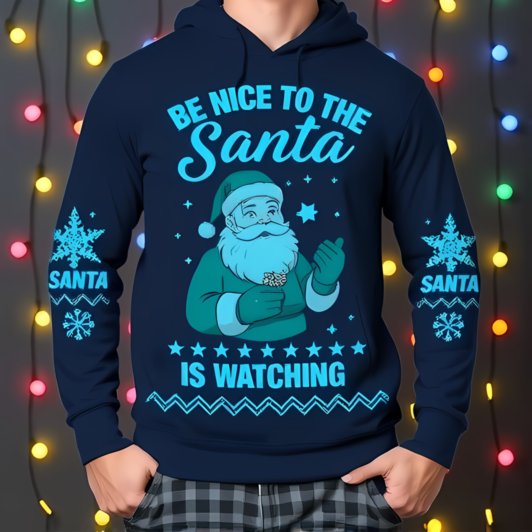 Festive 3D Hoodie with Teal Santa Claus 'BE NICE TO THE Santa IS ...