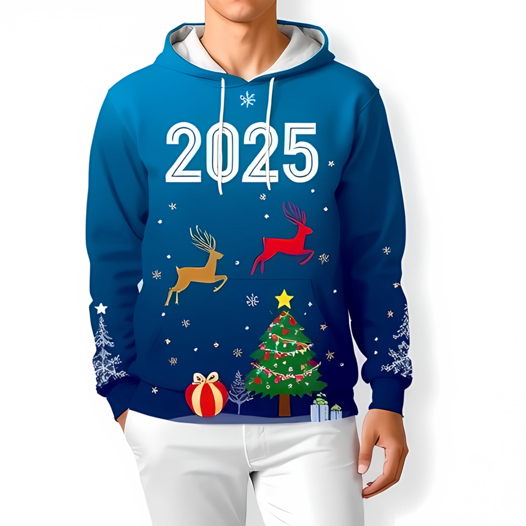 Festive 3D Royal Blue Hoodie with 2025 Reindeer Christmas Tree & Box ...